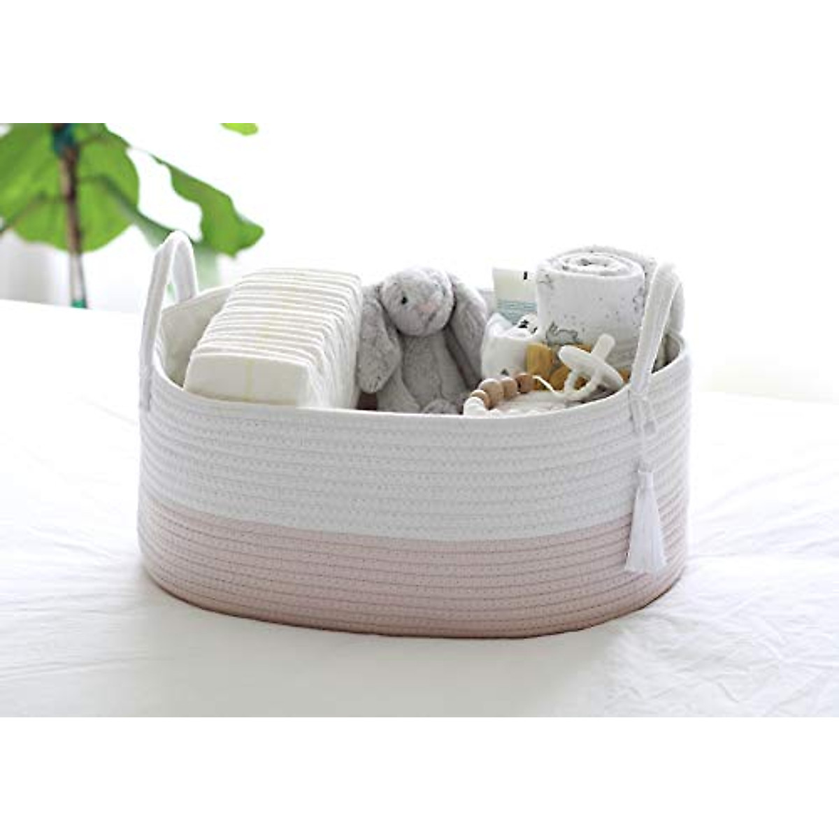 Emmy Baby Co. Rope Diaper Caddy Organizer - Large Nursery Storage Bin - Car Organizer - Baby Shower Basket - with 8 Pockets and Removable Dividers - Pale Blush Pink