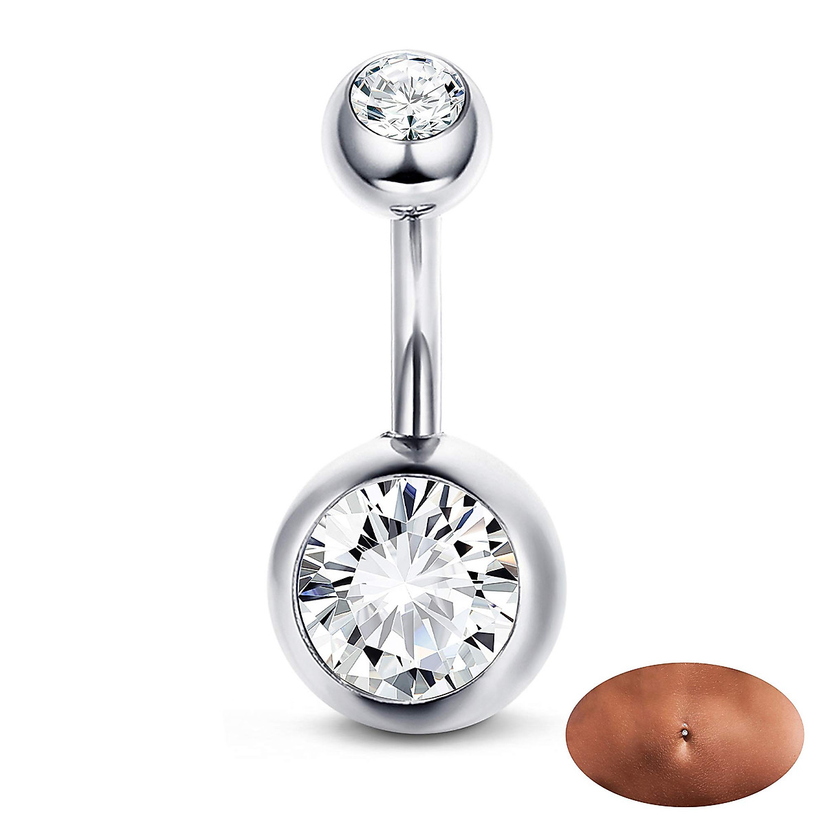 Sllaiss Belly Button Rings For Women 925 Sterling Silver 14G Bar 8mm CZ Round Ball Navel Barbell Stud Body Piercing Jewelry