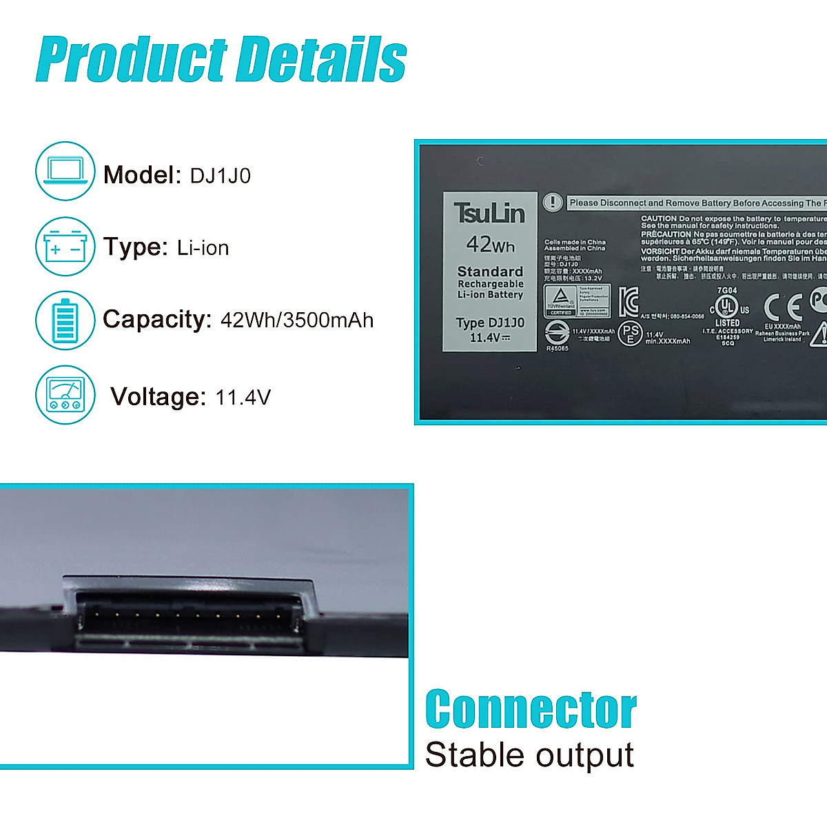 TsuLin DJ1J0 Laptop Battery Replacement for Dell Latitude E7280 E7480 E7290 E7380 E7390 E7490 Series Notebook PGFX4 ONFOH DJ1JO 451-BBZL 11.4V 42Wh 35000mAh