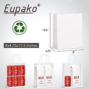 Eupako Paper Bags 8x4.25x10.5 100 PCS White Paper Gift Bags with Handles Bulk, Kraft Shopping Bags, Party Favor Bags, Merchandise Bags
