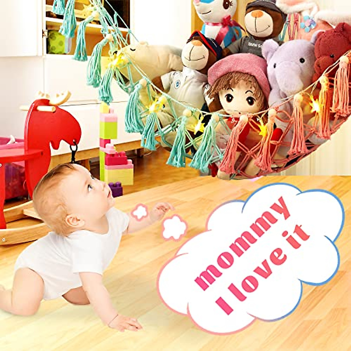 Stuffed Animal Net or Hammock with LED Light, Hanging Corner Storage Net for Wall, Toy Net Hammock Stuffed Animals Holder with Woven Tassels for Nursery Play Room Kids Bedroom Decor