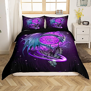 Erosebridal Galaxy Bedding Set Queen Size Dream Catcher Comforter Cover Boho Theme Duvet Cover Set Dragon and Feather Printed 3 Piece Bedding Decorative with 2 Pillow Cases for Kids Adults,Purple
