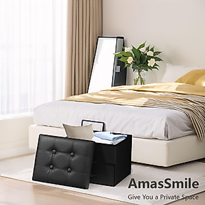 AmasSmile® Storage Ottoman Foot Rest Stool, 16 inch Leather Folding Footstool Bench, Short Ottoman Bench, Storage Foot Rest Store, Books,Records Support 220 lbs, Black