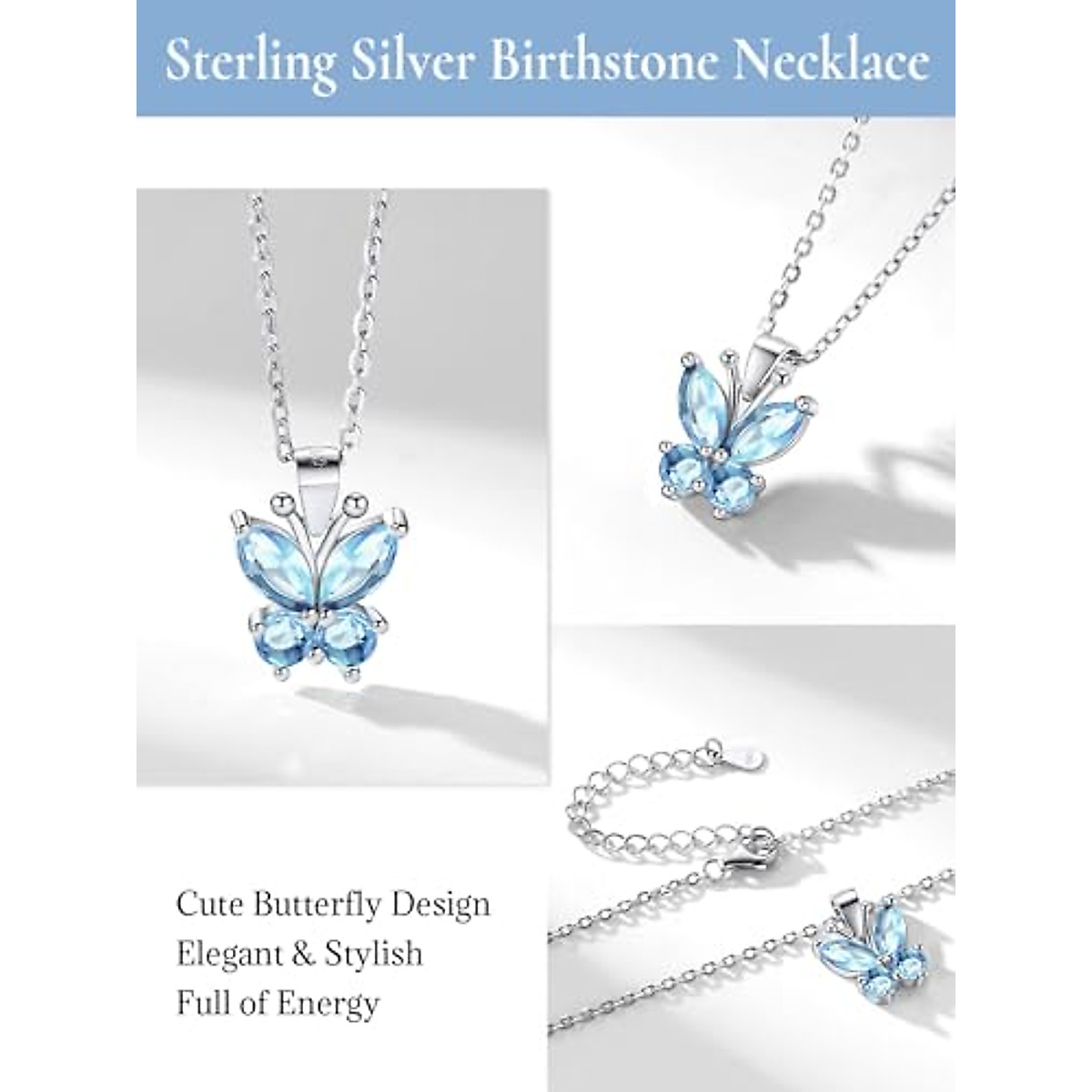 SILVERCUTE Light Blue Butterfly Pendant Necklace 925 Sterling Sterling Silver Cute Insect Animal Pendant & Chain for Women