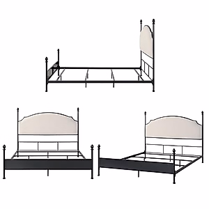 Furniture of America Eleanor Modern Curved Metal Poster Bed King Size with Boucle Fabric Headboard and Panel Style Footboard, Box Spring Required, Gunmetal Black