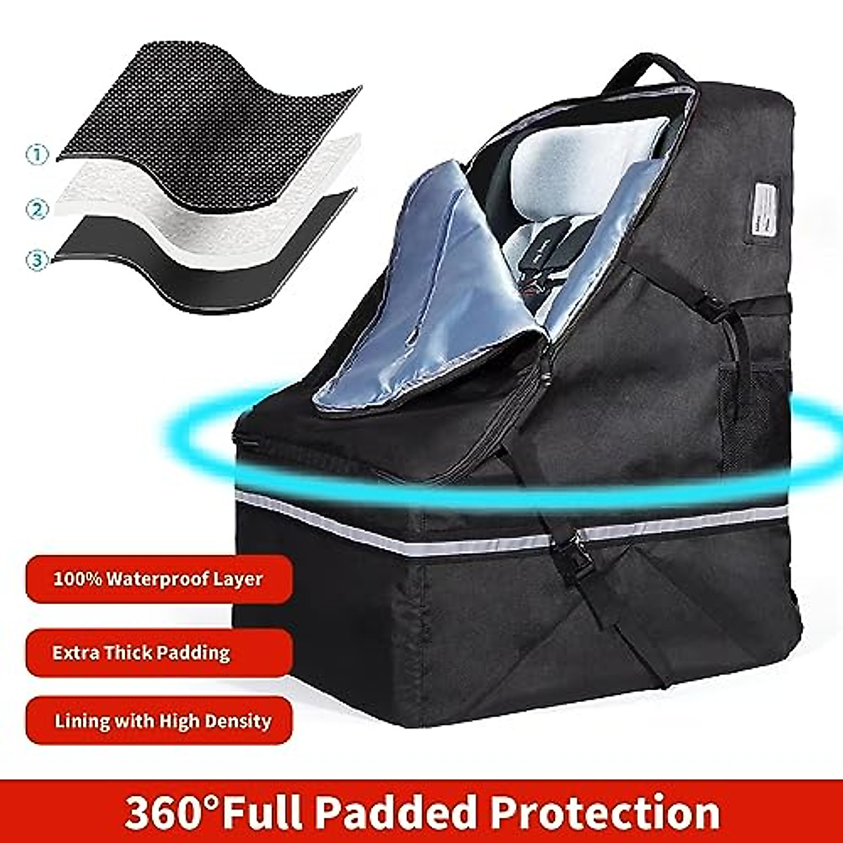 WEXIO Padded Car Seat Bags for Air Travel，Waterproof Infant Carseat Bag for Airport， fit for Evenflo Maxi Cosi Britax Graco Chicco Cybex Diono Nuna Peg Doona (Black and Gray)