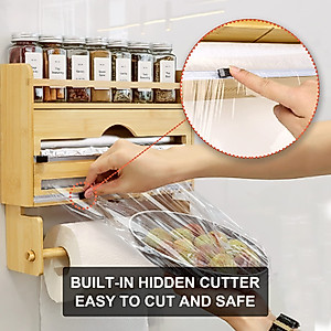 Foil and Plastic Wrap Organizer, Bamboo Aluminum Foil Dispenser with Paper Towel Holder, Compatible with Foil, Wax Paper, Kitchen Paper Towel and Spice Jars