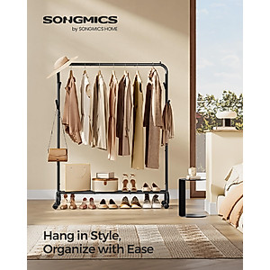 SONGMICS Clothes Rack, Clothing Rack for Hanging Clothes with Wheels, Heavy Duty Garment Rack, Metal Frame, 110 lb Max. Total Load, 40.7 Inches Wide, Clothes Storage and Display, Black UHSR131B01