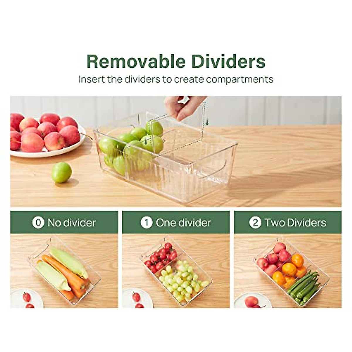 Kootek 4 Pack Clear Pantry Organization and Storage Bins, Freezer Organizer Bins Stackable Food Storage Organizer Bins with Handles Removable Dividers for Kitchen, Refrigerator, Cabinet