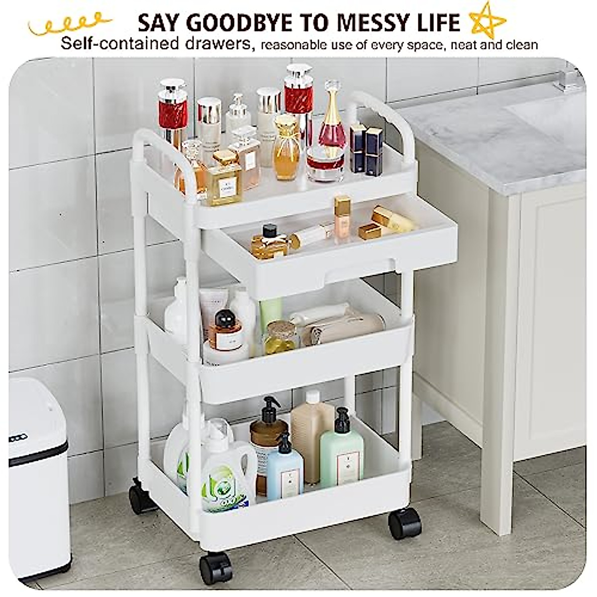 YKLSLH 3-Tier Rolling Cart wiht Drawer, Multifunctional Utility Cart Craft Art Cart Trolley Organizer with Plastic Shelf & Metal Wheels, Storage Cart for Kitchen,Bathroom,Living Room,Office,White
