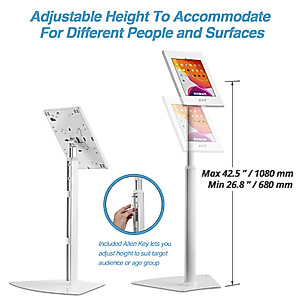 AVLT Height Adjustable Anti-Theft 10.5” Tablet Kiosk Floor Display Stand Compatible with iPad 9.7", 10.2", Pro 10.5", Air 10.5" (Gen 3), Samsung Galaxy Tab A 10.1" (2019) - White