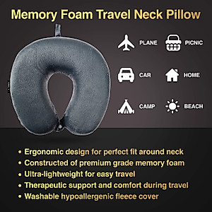Charles Albert Memory Foam Travel Pillow, U Shaped Neck Pillow, Ultra Soft Comfortable Cushion for Neck Support, Lightweight Headrest, Machine Washable, Great for Airplane Chair, Car, Bed in Grey