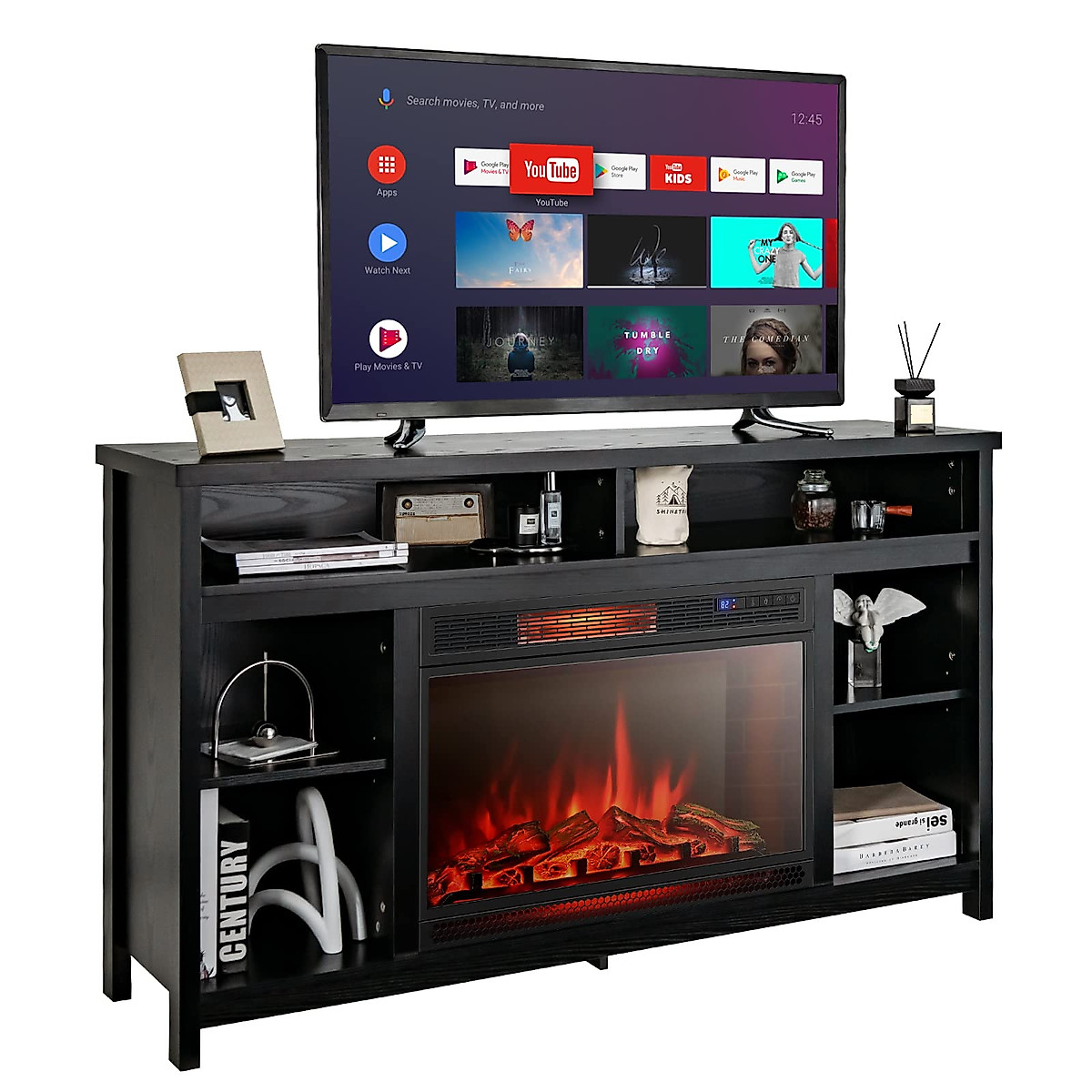 Tangkula 58 Inches Fireplace TV Stand for TVs up to 65 Inches, Modern Entertainment Center w/ 28 Inches Fireplace Insert, Remote Control, Electric Fireplace TV Console Table (Black)