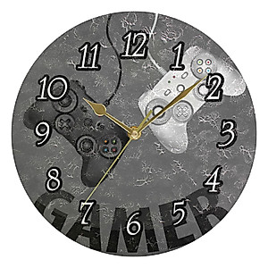 Two Realistic Game Joystick White and Black with a Text Gamer Wall Clock, Silent Non-Ticking Easy to Read Round Decorative Wall Clock with Gold Hands for Home Office School 9.5" in Diameter