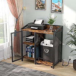 Unikito 3-Tier Lateral Office Filing Cabinets with Socket and USB Charging Port, Modern Printer Stand and Paper Shredder Stand Rack with Wheels and Open Storage Shelves for Home Office, Rustic Brown