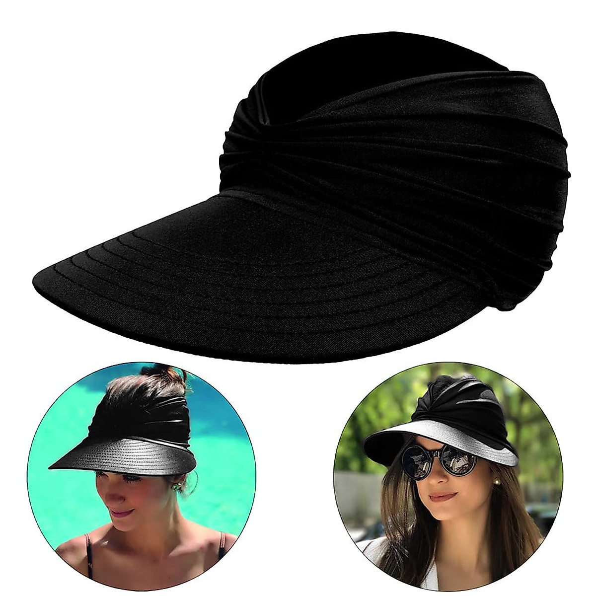 Women Visor Ponytail Sun Hat UPF 50+ UV Protection Wide Brim Beach Cap Summer Hat Outdoor(Black)