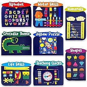 ALKISS Busy Board,26-in-1 Montessori Toys for Toddler, Sensory Board with Alphabet and Calendar for Learning Fine Motor Skills, Portable Travel Toy, Preschool Educational Toys Gift for Boys Girls