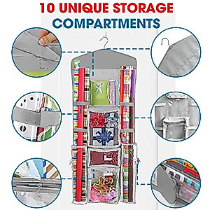 ProPik Hanging Double Sided Christmas Gift Wrapping Paper Storage Organizer With Multiple Pockets Organize Your Gift Wrap, Gift Bags Bows Ribbons 40"X17" Fits 40 Inch Rolls Clear PVC Bag (Grey)