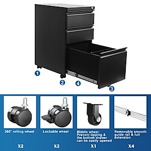 PALFISH 2-Drawer File Cabinet with Lock, Metal Filling Cabinets Suits Legal/Letter Size for Home Office, Fully Assembled Except Wheels, Grey (2-Drawer Widen, Black)