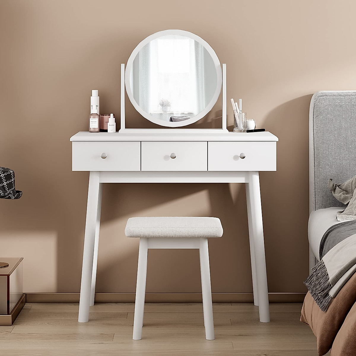 SogesHome Vanity Table Sets with Moveable Mirror and Padded Stool, Makeup Desk with 3-Drawers, Classic White Dressing Table Vanity Desk for Bedroom, Makeup Studio, Dormitory, White