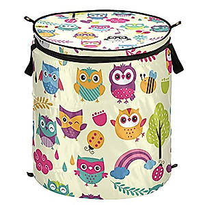 DOMIKING Colorful Owls Popup Laundry Hamper with Handles Collapsible Laundry Basket Portable Storage Bin for Kids Rooms Camping College Dorm