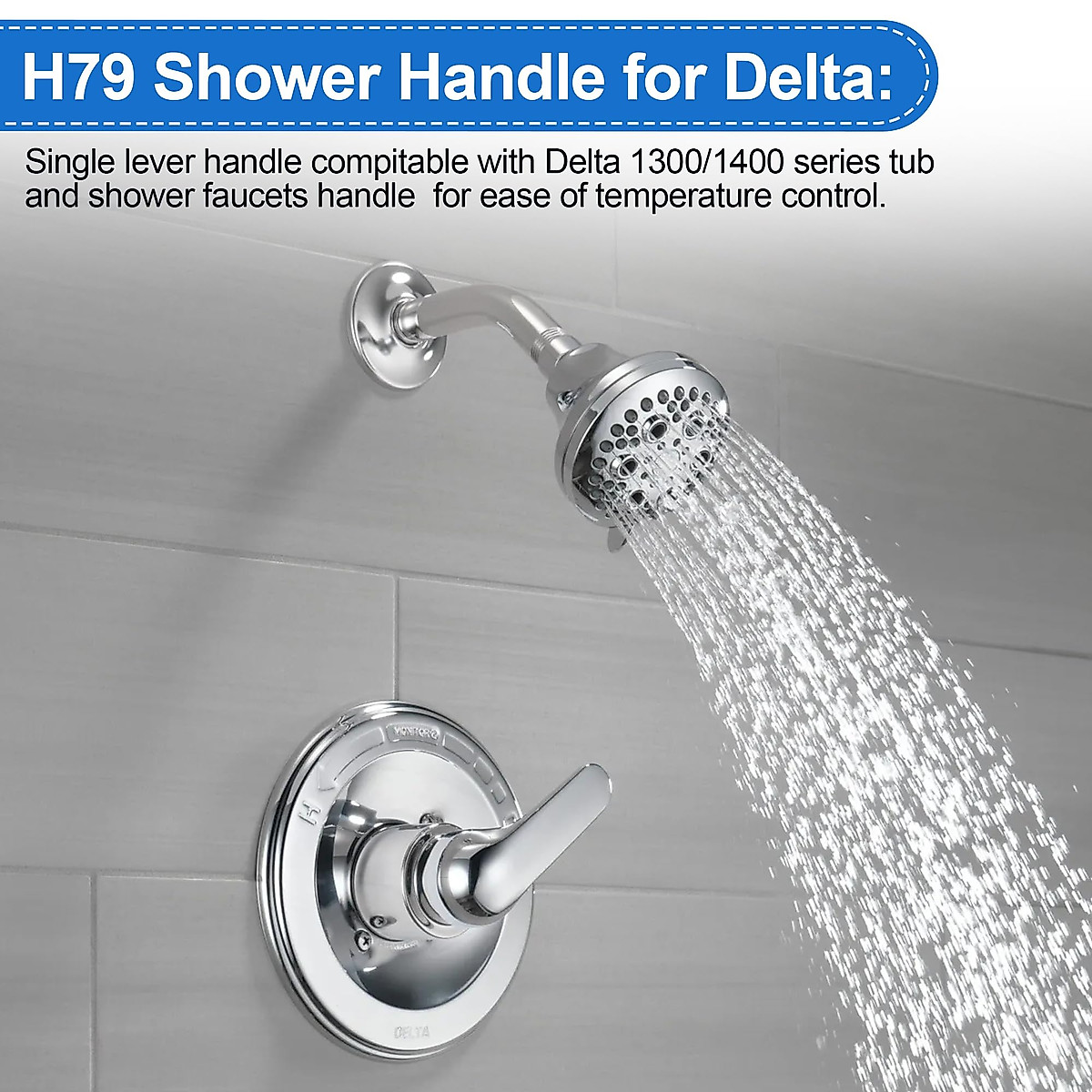 H79 Shower Handle Compatible with Delta Tub & Shower Single Metal Lever Handle, for Delta 1300/1400 Series Faucet Handle Replacement Chrome, Shower Replacement Parts with Screw & Wrench