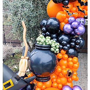 Wecepar 158pcs Halloween Balloon Garland Arch Kit Black Orange Purple Green Balloon with Skeleton Guard Cat Pumpkin Witch Hat Shaped Foil Balloons for Halloween Theme Party Supplies Decorations