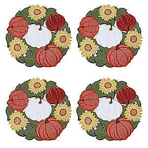 OWENIE Fall Pumpkins Placemats Set of 4,Thanksgiving Placemats with Embroidered Harvest Pumpkin and Leaves/Sunflowers, Fall Decor for Home, AutumnTable Mats, 15 Inch Round