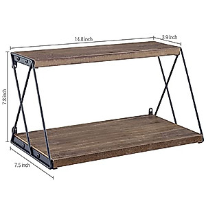 MyGift Wall Mounted 2 Tier Floating Display Shelf, Rustic Burnt Wood Collectibles Storage Shelf with Geometric Matte Black Metal Wire Side Brackets