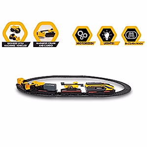 CAT Construction Toys, Little Machines Power Tracks Battery Operated Train Set, Engine with working headlight, 3 Rail Cars, Working Crane, 2 Magnetic Cargo Containers, and 2 CAT Trucks for Kids