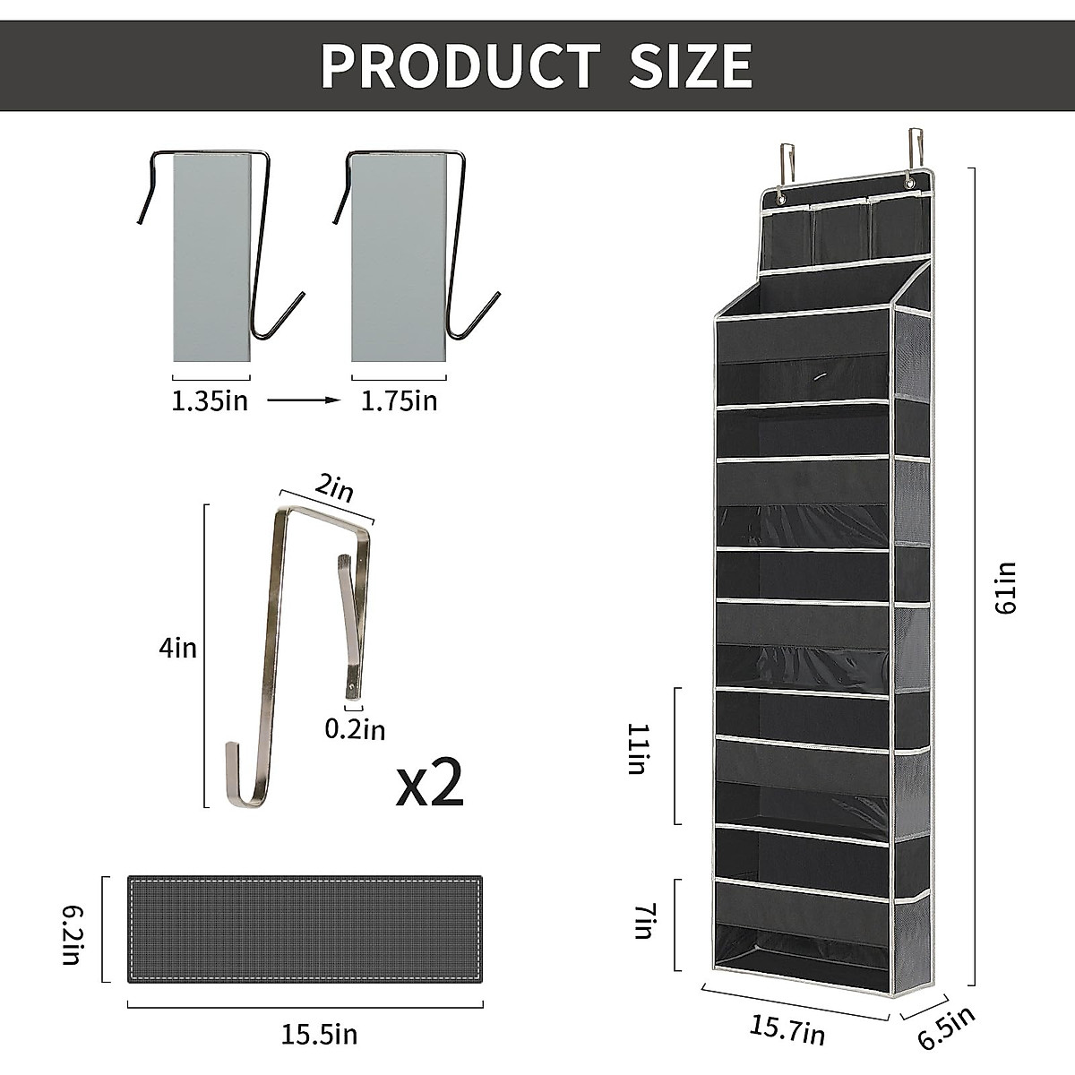 clbutge Over The Door Organizer, 5 Shelf Clear Hanging Storage with 5 Large Pockets 10 Mesh Side and 3 PVC Pockets, Heavy Duty Baby Organization for Pantry, Nursery, Bedroom, Stuffed Toys (Black)