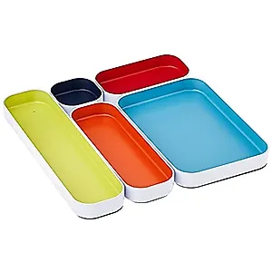 Three by Three Seattle 5 Piece Shallow Metal Organizer Tray Set for Storing Makeup, Stationery, Utensils, and More in Office Desk, Kitchen and Bathroom Drawers (1 Inch, Assorted Colors)