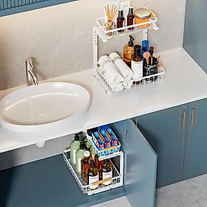 VERIFOST 2 Pack Under Sink Organizers and Storage, Height Adjustable Cabinet Organizer Pull Out Drawer, 2 Tier Metal Under Kitchen Bathroom Sink Organizer, White