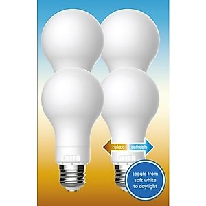 GE Lighting (4 Bulbs) GE Relax/Refresh LED A19 Color Select Light Bulb, Choose Either Soft White Relax or Cool White Refresh, Toggle Switch on Bulb, HD Light, 450 lumens, dimmable, Medium Base