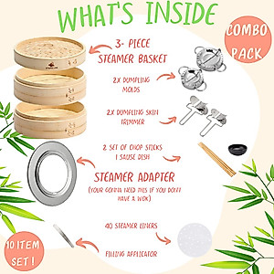 10 Inch Bamboo Steamer Basket with Steamer Ring- Steaming Basket for use as Dumpling Steamer, Bao Steamer, Dim Sum Steamer, Bun Steamer Basket Bamboo- Includes 2 Dumpling Maker Molds, 40 Liners & More