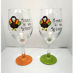 Thanksgiving Turkey Orange Green Gobble Til You Wobble Hand Painted Wine Glasses Set of 2
