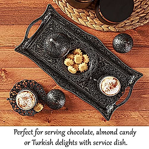 Crystalia Turkish Coffee Espresso Cup Set, Arabic Greek Moroccan Coffee Serving Set, Antique Silver Cups with Inner Porcelain and Metal Saucers Lids, Tray Sugar Dish, Demitasse Gift Set (Silver)