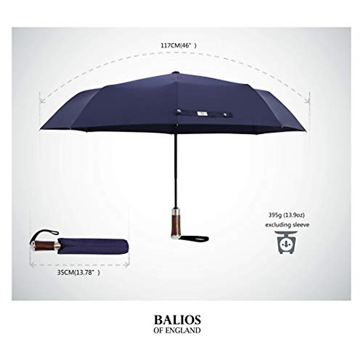 Balios (Designed in UK) Travel Umbrella Luxurious Golden Rosewood Handle Auto Open & Close Windproof Frame Single Canopy Automatic Folding Umbrella Men's & Ladies (Dark Navy)