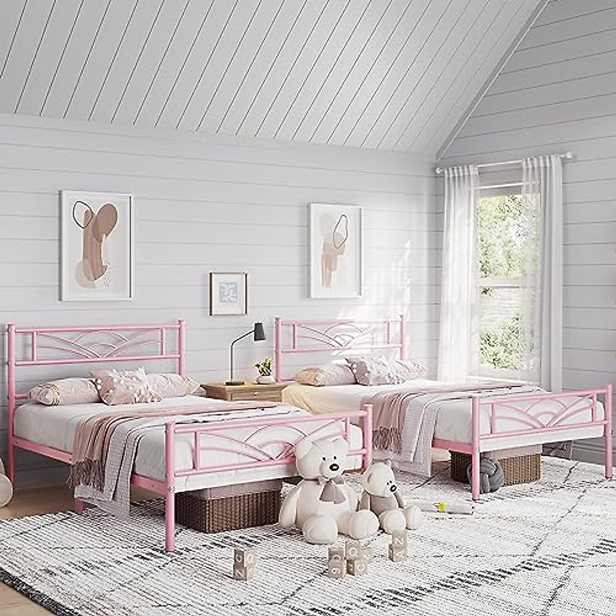 Yaheetech Twin Size Bed Frames Metal Platform Bed Mattress Foundation with Cloud-Inspired Design Headboard/Footboard/Ample Under Bed Storage/No Box Spring Needed/Pink