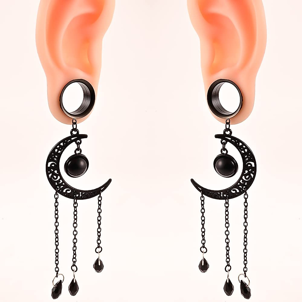 Maxbott 2PCS Fashion Black Chain Moon Earrings Plugs Tunnels Stainless Steel Pendant Ear Gauges Body Piercing Jewelry (14mm(9/16"), Black)