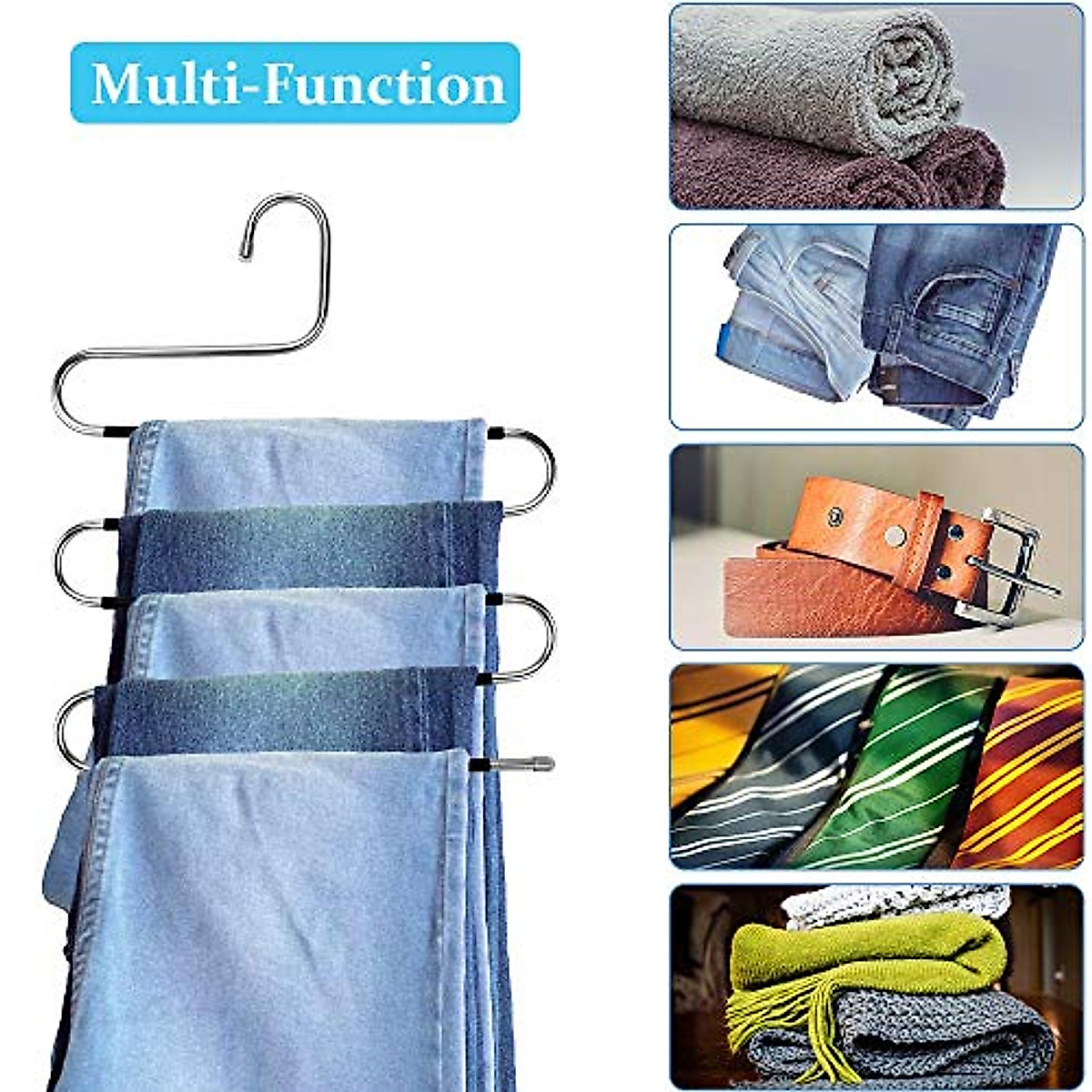 8pcs Pants Hangers S-Type Jeans Trousers Hangers Stainless Steel Clothes Hangers Closet Space Saving for Pants Jeans Scarf Organizer (Black with 10 Clips)