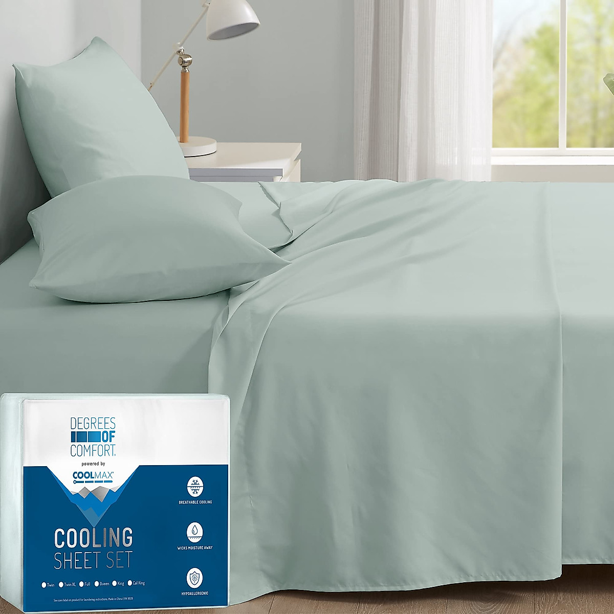 Degrees of Comfort Coolmax Cooling Sheets Set for Twin Size Bed, Moisture Wicking for Night Sweats Best Comfort, Cool Sheets for Hot Sleepers During Warm Weather with Deep Pocket, Mint-3PC