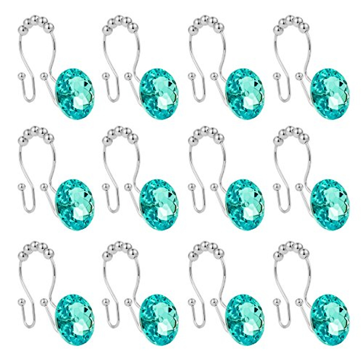 Stainless Steel Rust Resistant Double Hooks Glide Shower Ring Hangs for Both Shower Curtain and Liner 12-Pack (Aqua Blue)