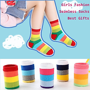Marchare Girls Seamless Crew Cotton Socks Kids Casual Socks School Socks Rainbow Stripes Color A 5 Pack 6-8 Years