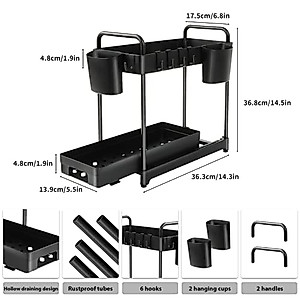 RASHNU 2 Pack Under Sink Organizers and Storage, 2 Tier Under Bathroom Storage Rack with 6 Hooks, Multi-purpose Storage for Bathroom Kitchen Cabinet, Black