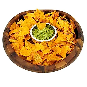 nambe - Nara Collection - Curved Chip & Dip Bowl 13" x 3.5" - Inner Mini Nambe Alloy Dip Bowl - Measures at 13" x 3.5" - Made with Nambe Alloy and Acacia Wood - Designed by Sean O'Hara