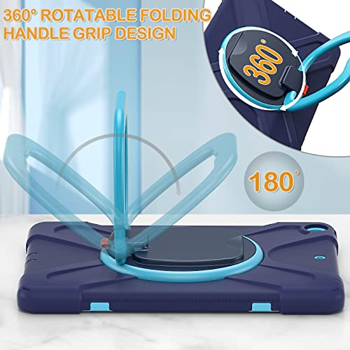 BRAECN for iPad Case 9th/8th/7th Generation,Rugged Kids Friendly Silicon Case with Folding Stand/Handle Grip Pencil Holder Shoulder Strap Screen Protector Pencil Cap Holder for iPad 10.2”-Navy Blue