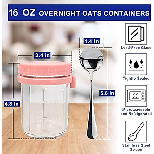 Overnight Oats Containers, 16 oz Overnight Oats Glass Jars with Lids and Spoon, 4Pack Airtight Overnight Oats Cup Wide Mouth Mason Jars for Yogurt,Cereal,Milk,Salad,Chia Pudding