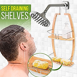 SereneLife Bamboo Hanging Shower Caddy - 2 Tier Wood Rustproof Waterproof and Natural Bamboo Bathroom Wall Organizer with Stainless Steel Shelf Rack for Shampoo, Conditioner and Soap Storage