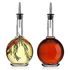 MosJos Oil Bottle for Kitchen (Set of 2) 17oz Round Glass Olive Oil Dispenser with Stainless Steel Spout - Cooking Oil Pourer Dishwasher-friendly